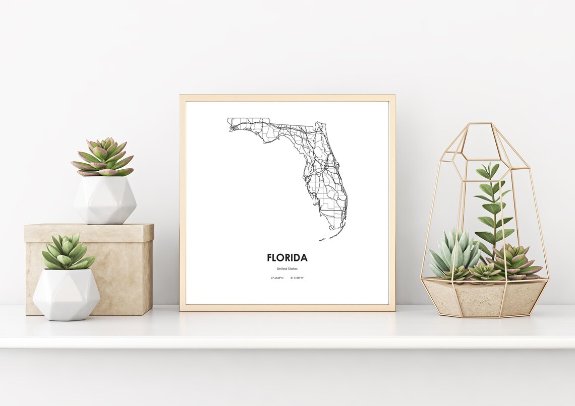 Florida Map Digital Printable Vector Illustration Wall Art | Etsy