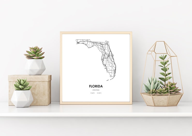 Florida Map Digital Printable Vector Illustration Wall Art Print ...