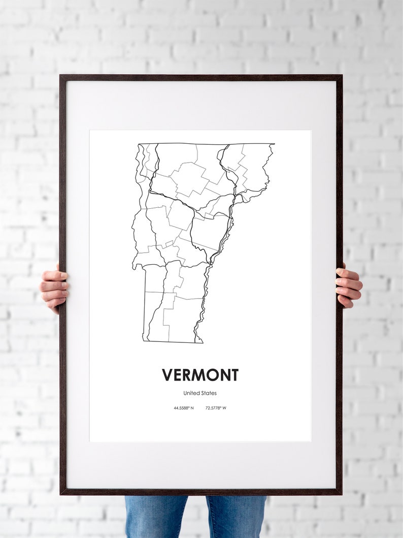 Vermont State Map Digital Printable Vector Illustration Wall Art Print ...