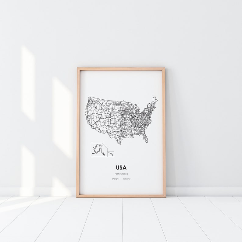 USA Country Road Map Digital Printable Vector Illustration Wall Art ...