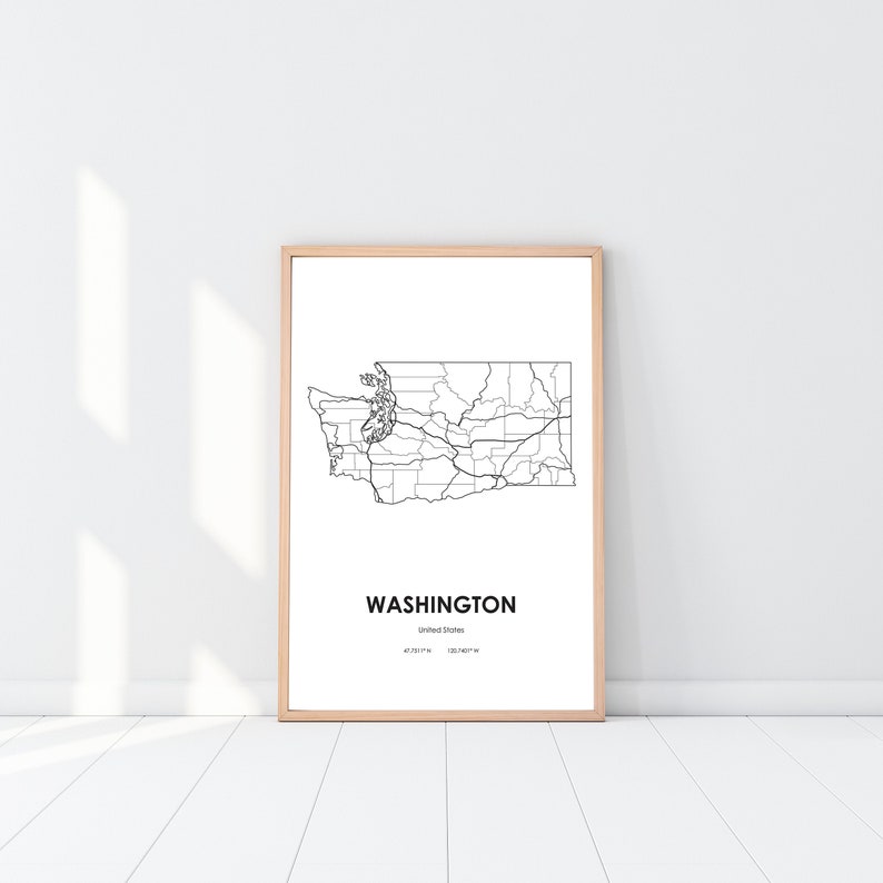 Washington State Map Digital Printable Vector Illustration Wall Art ...
