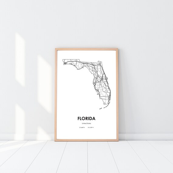 Florida Map Digital Printable Vector Illustration Wall Art | Etsy