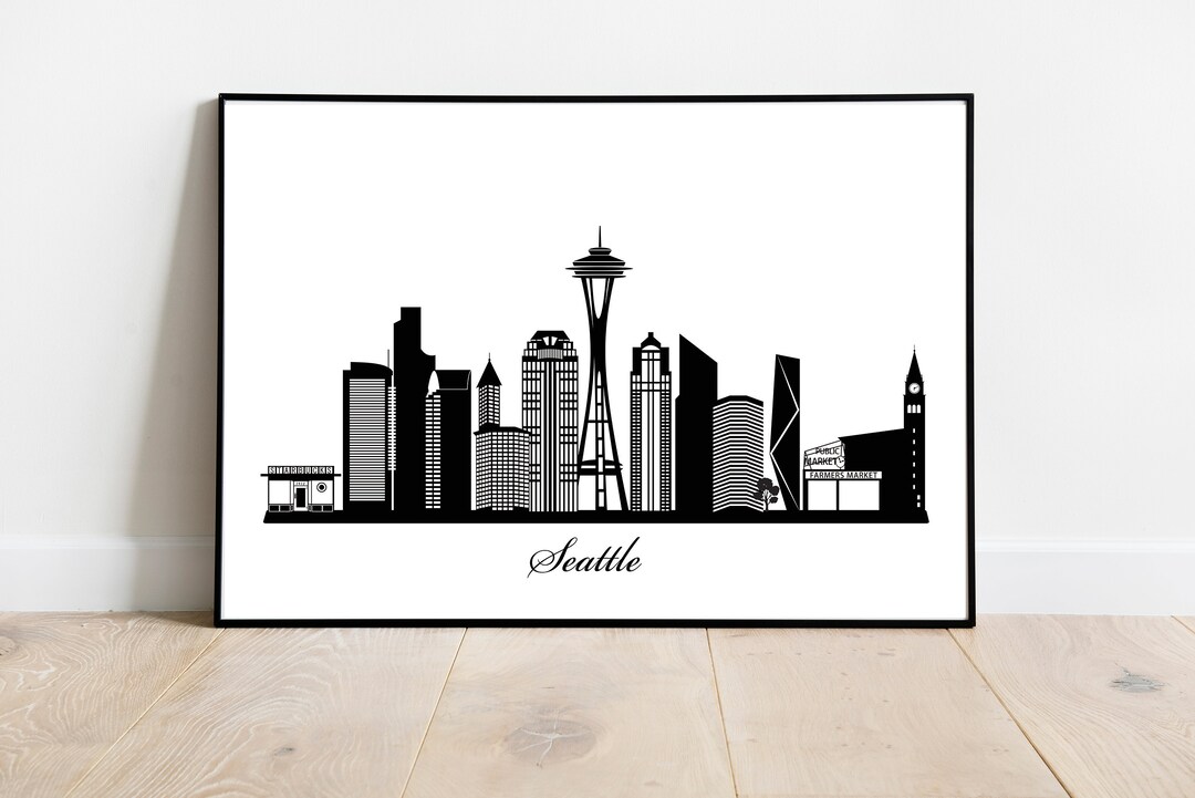 Seattle Skyline Digital Printable Vector Illustration Wall Art Print ...