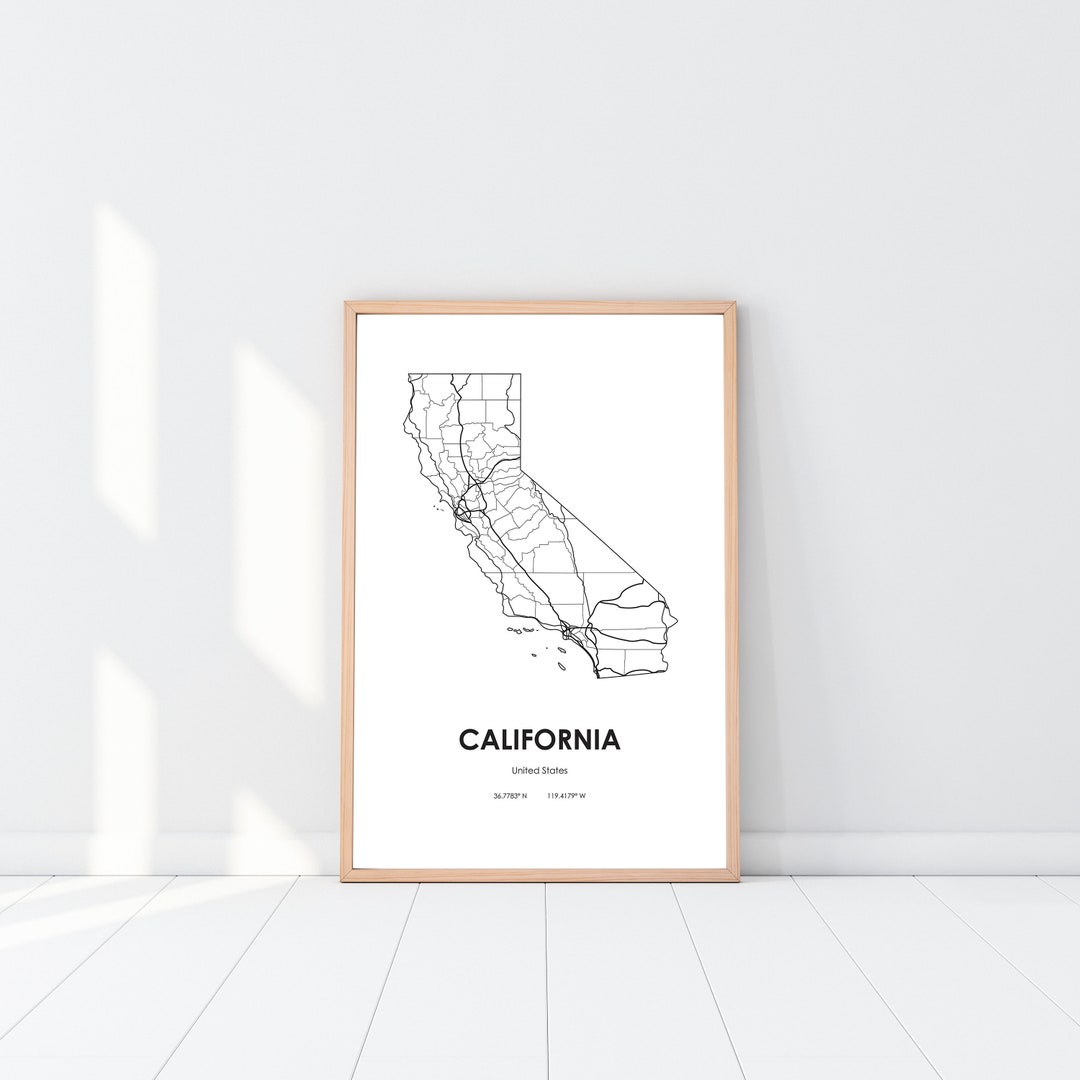 California Map Digital Printable Vector Illustration Wall Art Print ...