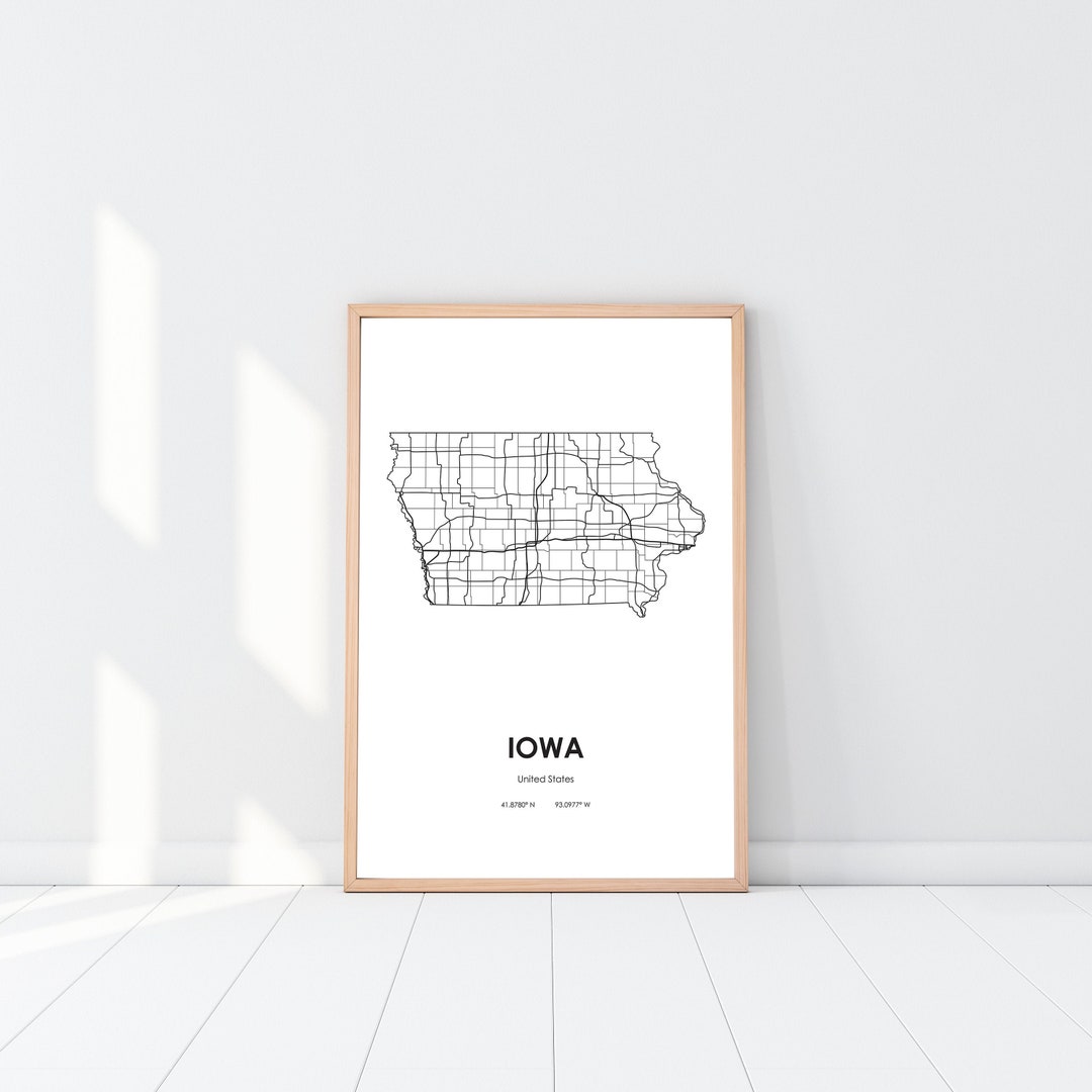 Iowa State Map Digital Printable Vector Illustration Wall Art Print ...