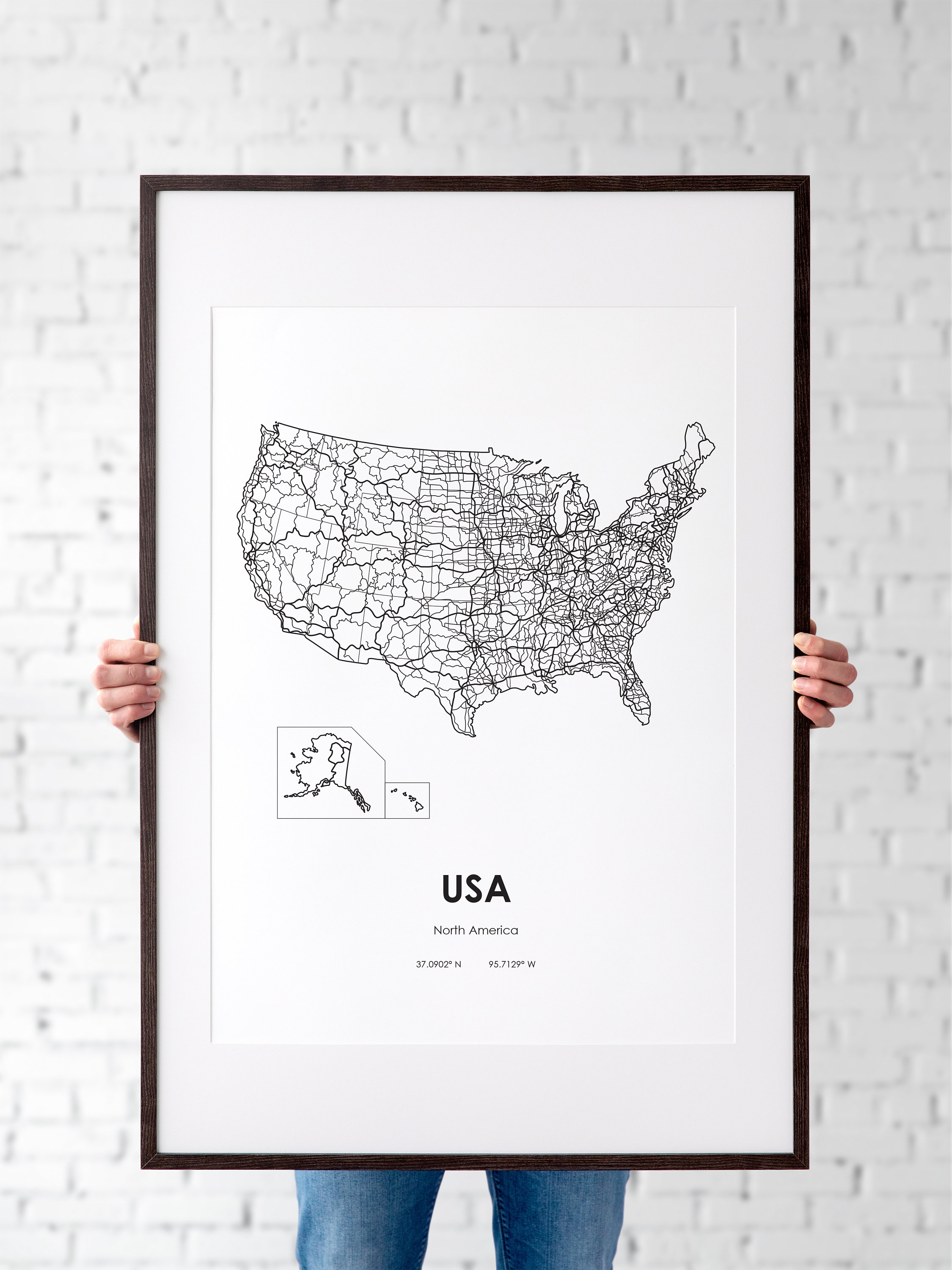 USA Country Road Map Digital Printable Vector Illustration Wall Art ...