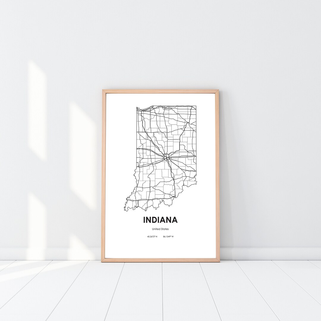 Indiana State Map Digital Printable Vector Illustration Wall Art Print ...