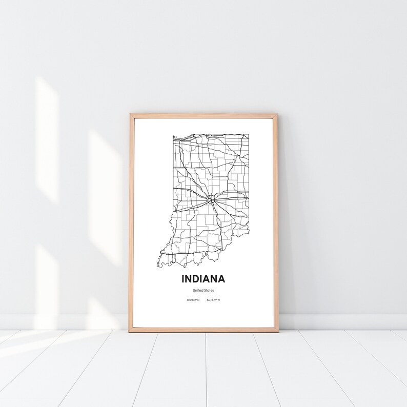 Indiana State Map Digital Printable Vector Illustration Wall Art Print ...