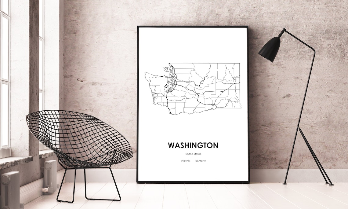Washington State Map Digital Printable Vector Illustration Wall Art ...
