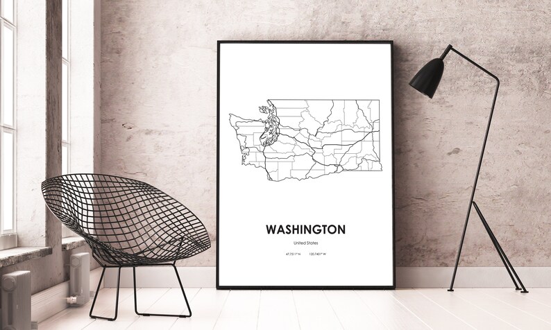 Washington State Map Digital Printable Vector Illustration Wall Art ...