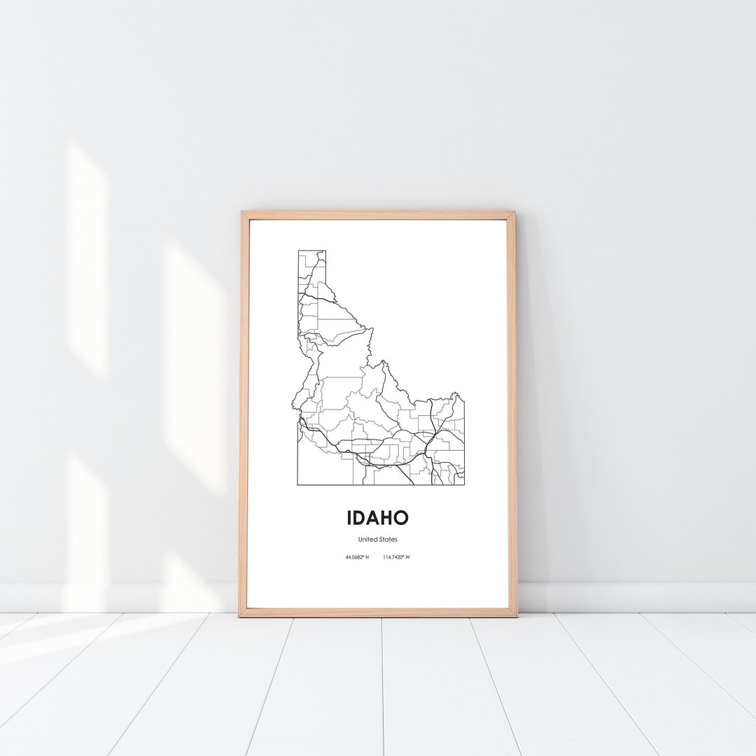 Idaho State Map Digital Printable Vector Illustration Wall Art Print ...