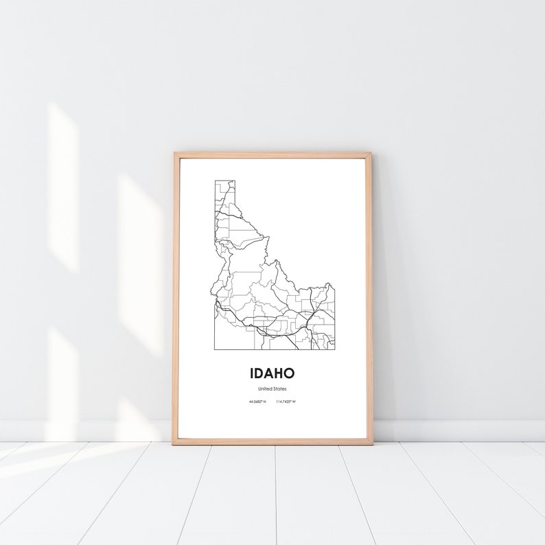 Idaho State Map Digital Printable Vector Illustration Wall Art Print ...