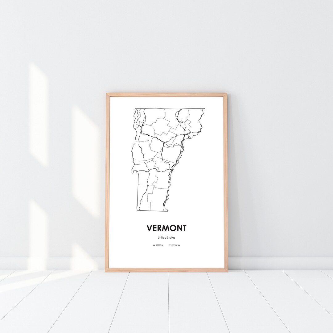 Vermont State Map Digital Printable Vector Illustration Wall Art Print ...