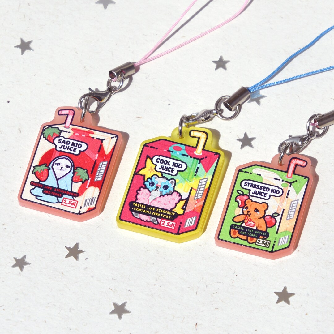 Cute Sad Kid, Stressed Kid and Cool Kid Juice Box Acrylic Phone or Key ...