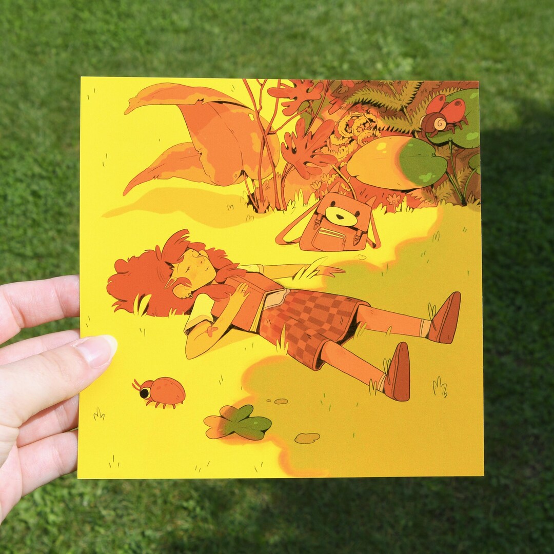 Cozy Cute Girl Taking a Nap / Tiny Bugs and Nature Art Print Cartoony ...