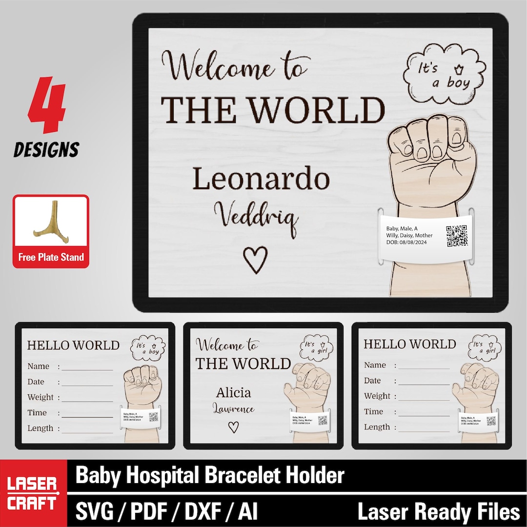 Newborn Baby Hospital Bracelet Holder SVG, Baby Birth Sign, Hello World ...