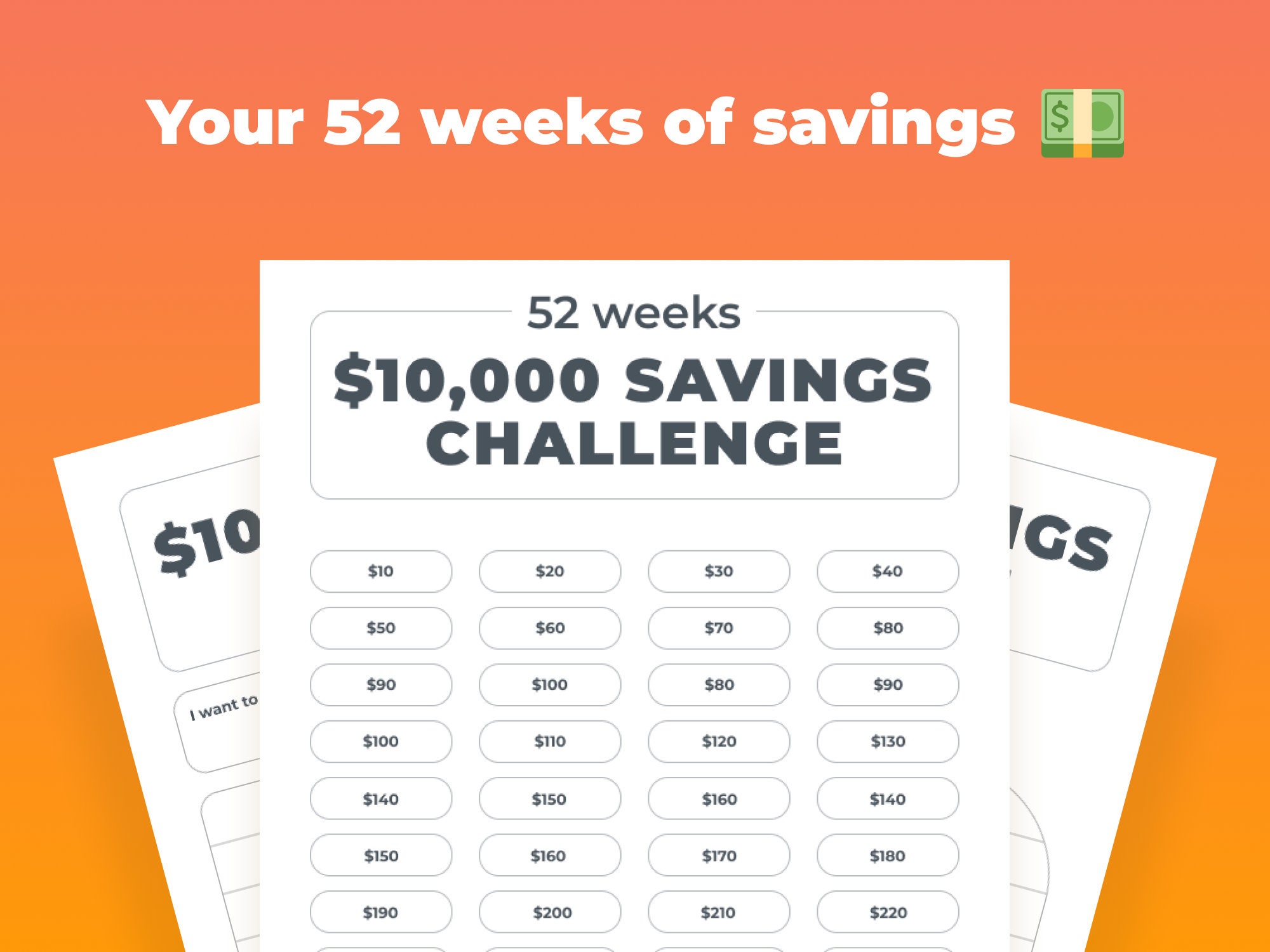 10K 52 Weeks Money Saving Challenge Printable | Savings Tracker, 52 ...