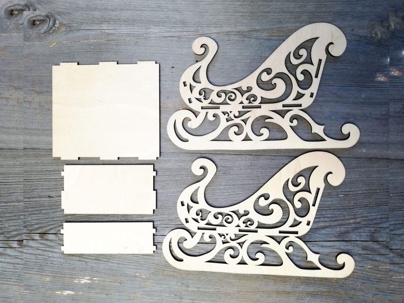 Santa Sleigh Wooden Assembly Base Christmas Decoration DIY Wood Shape ...