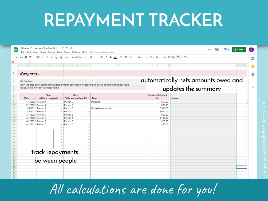 Shared Expenses Tracker Roommate Expenses Tracker Couples Expenses Tracker Google Sheets ...