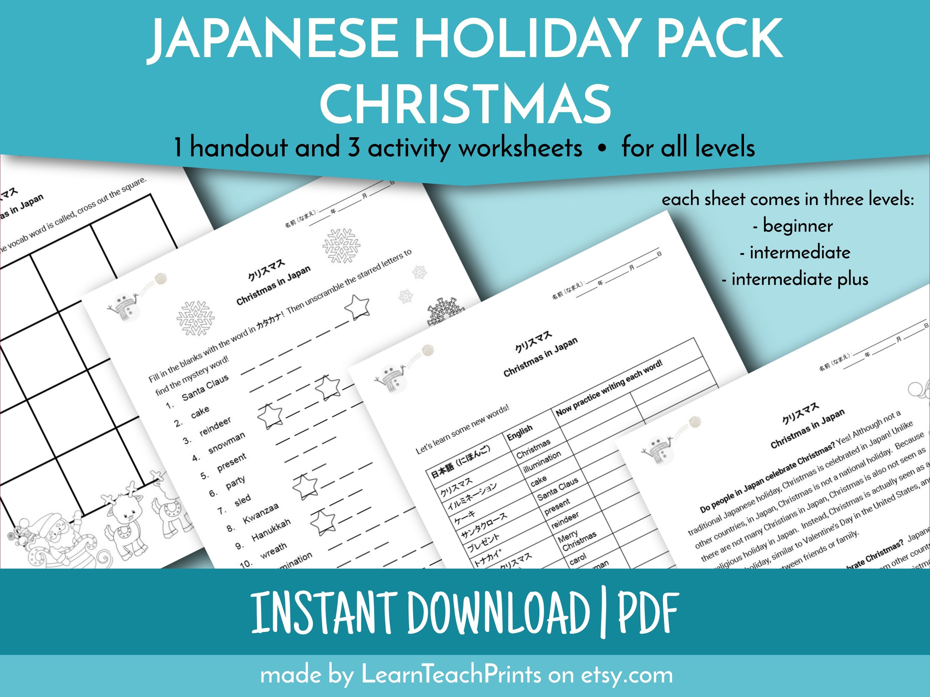 Japanese Holiday Worksheets: Christmas december for All Levels Instant ...