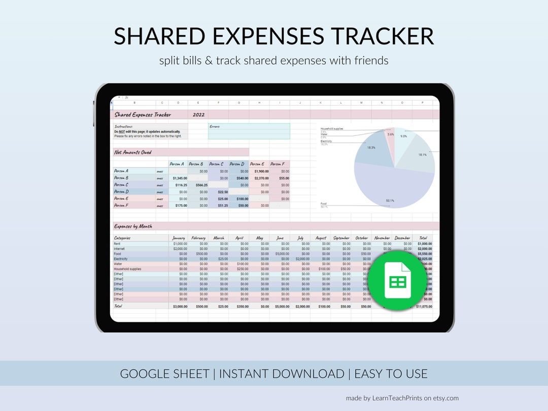 Shared Expenses Tracker | Google Sheets Template (instant Download) - Etsy
