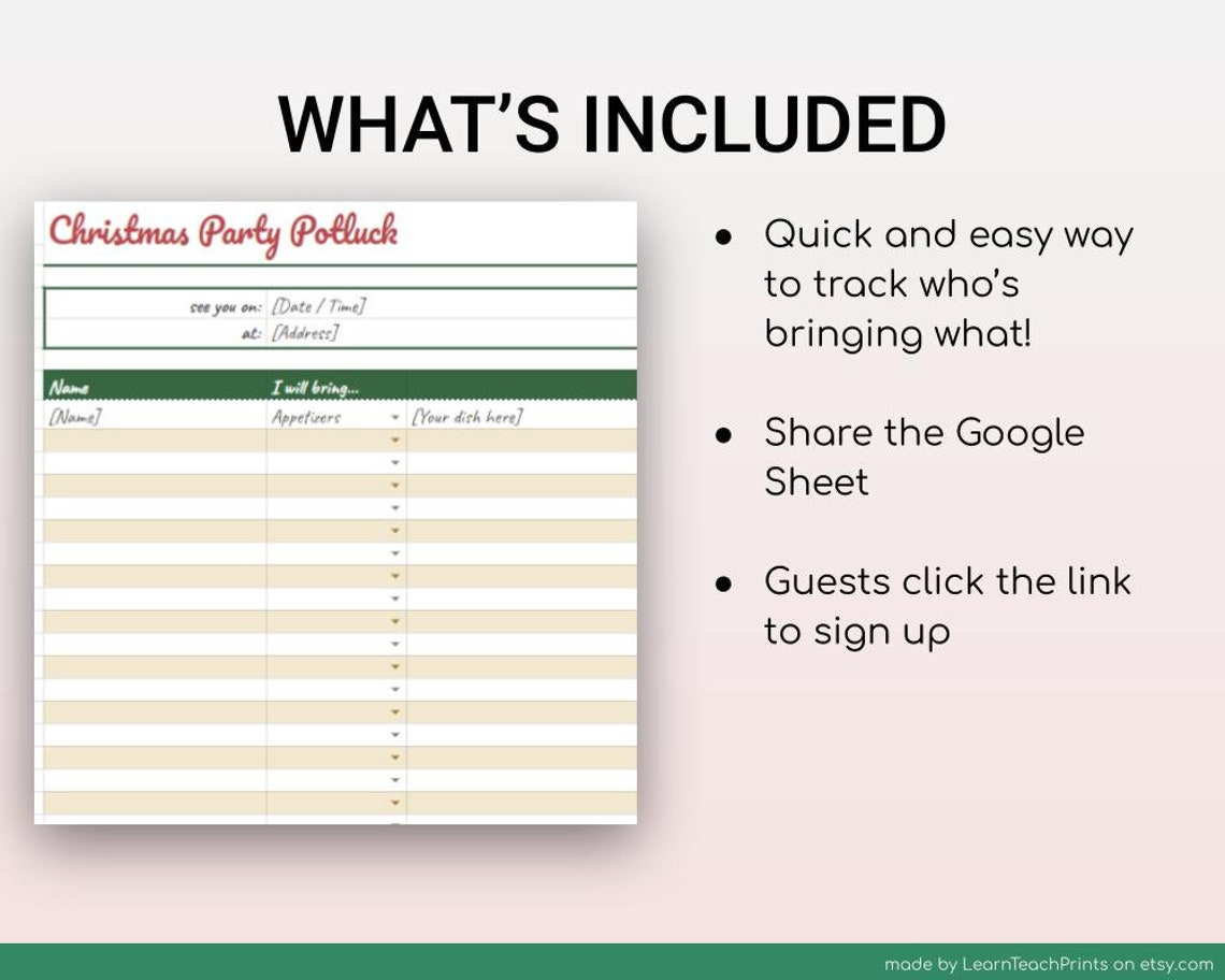 Christmas Party Potluck Sign-up Sheet Google Sheet Template Instant ...