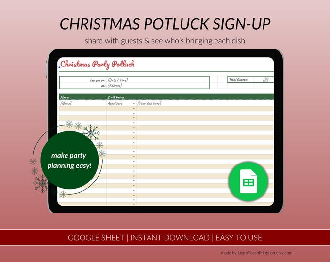 Christmas Party Potluck Sign-up Sheet | Google Sheet Template | Instant ...