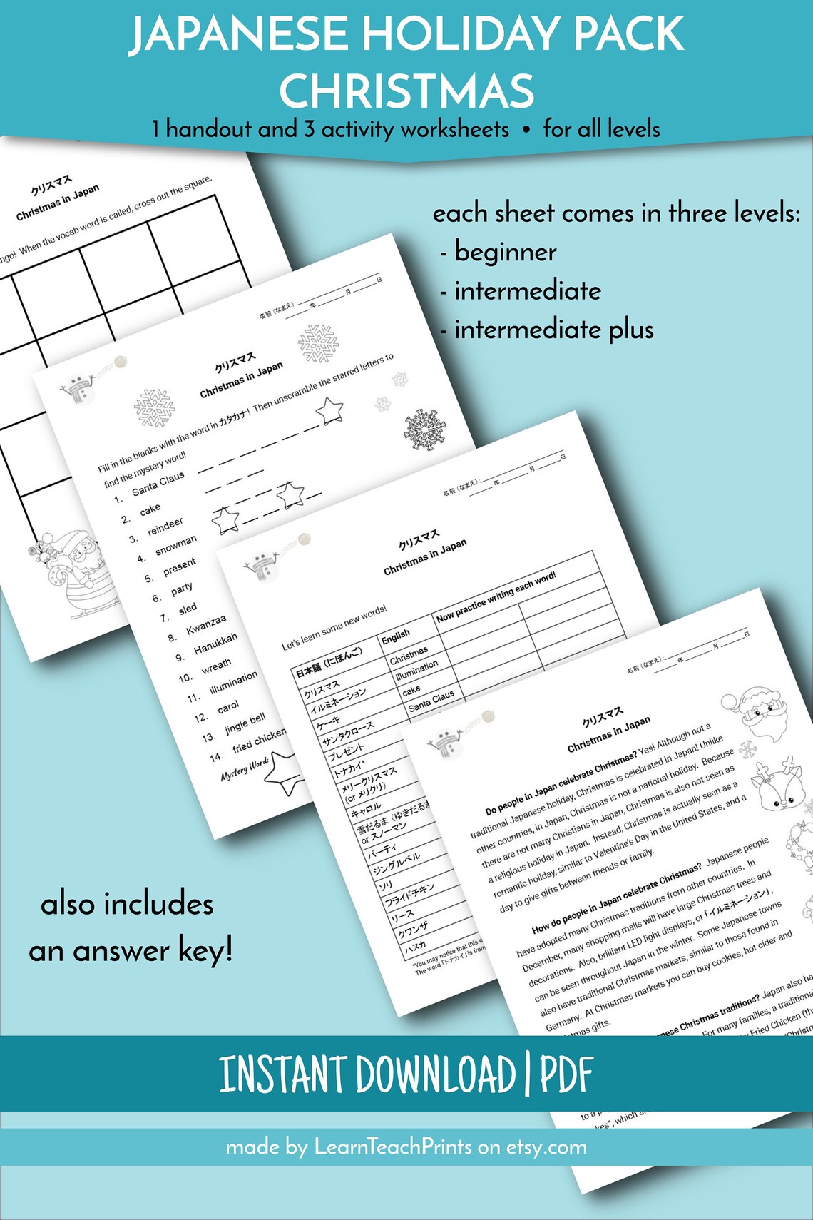 Japanese Holiday Worksheets: Christmas december for All Levels Instant ...