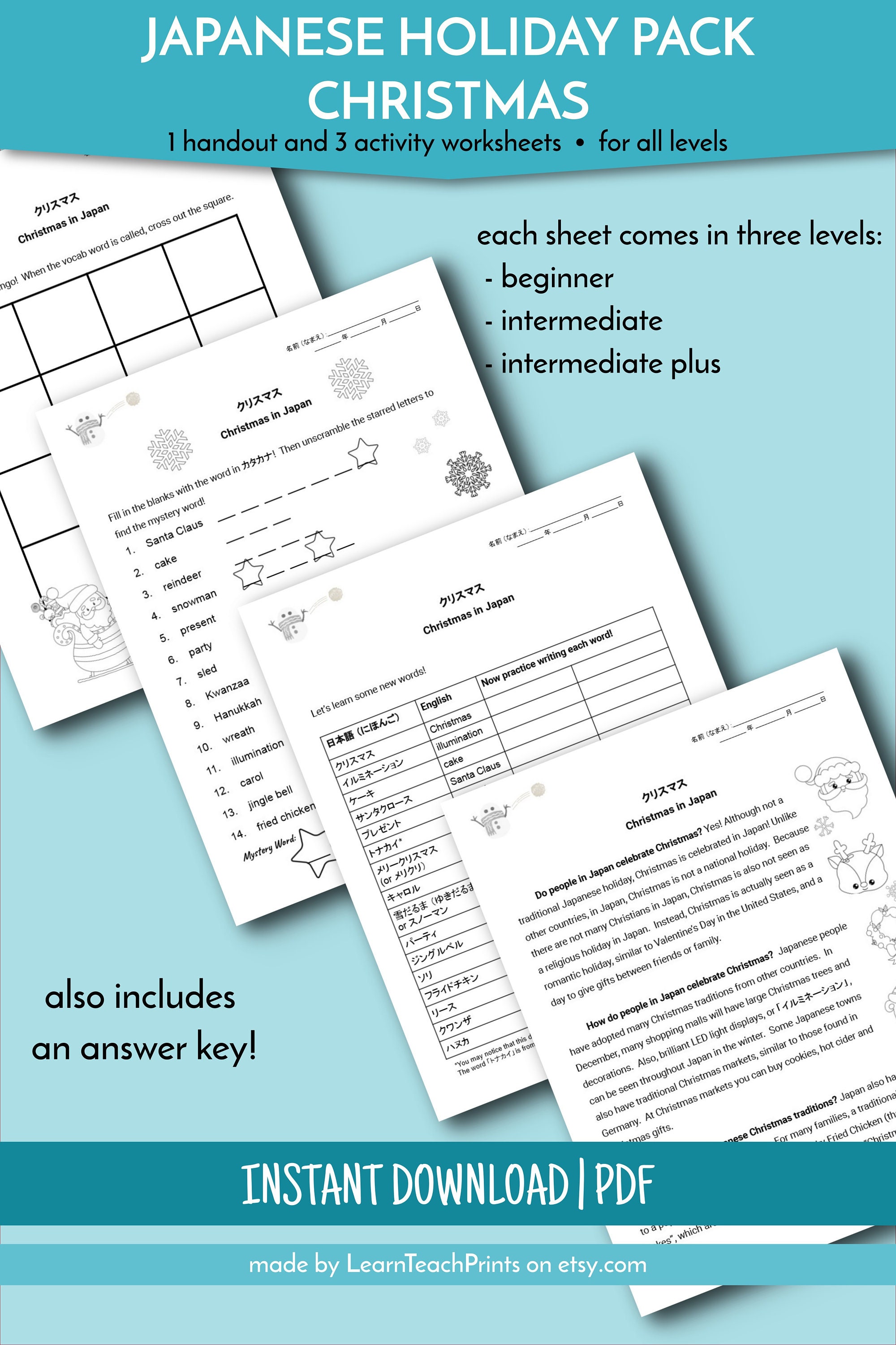 Japanese Holiday Worksheets: Christmas december for All Levels Instant ...