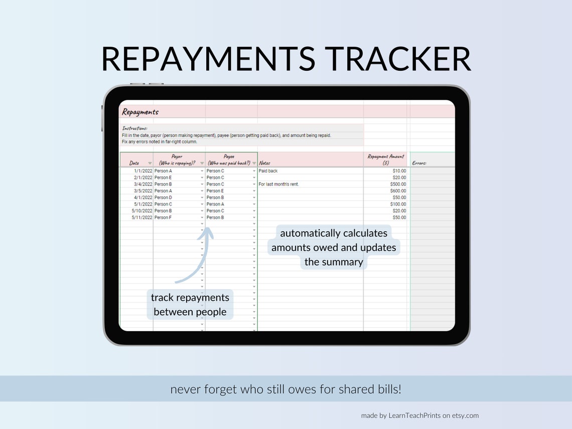 Shared Expenses Tracker | Google Sheets Template (instant Download) - Etsy