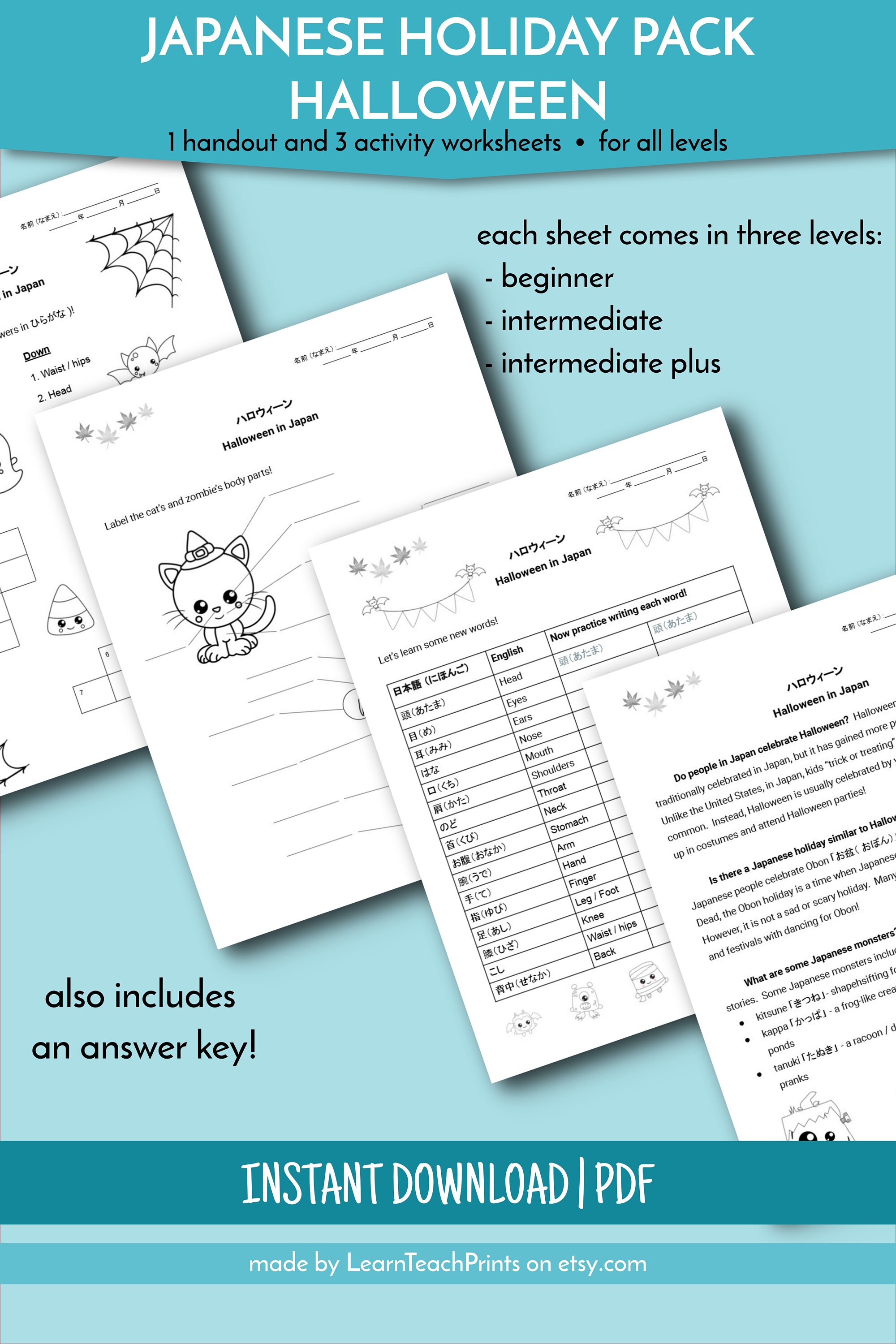 Japanese Holiday Worksheets: Halloween october for All Levels Instant ...