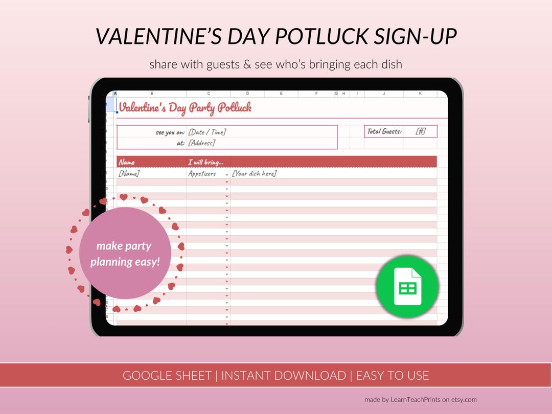 Valentine's Day Potluck Sign-up Sheet | Google Sheet Template | Instant ...
