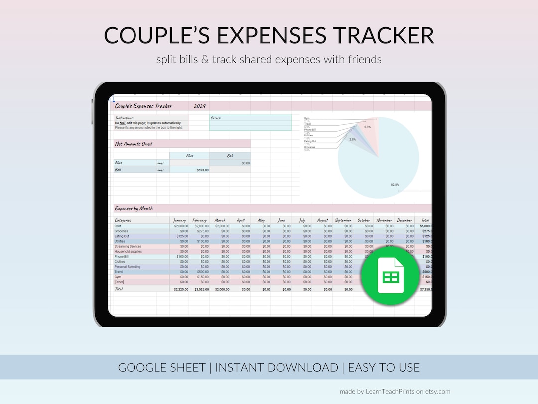 Couples Expenses Tracker | Roommate Expenses Tracker | Google Sheets ...
