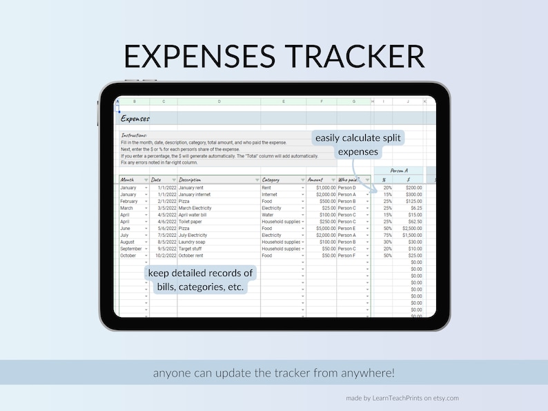 Shared Expenses Tracker | Google Sheets Template (instant Download) - Etsy