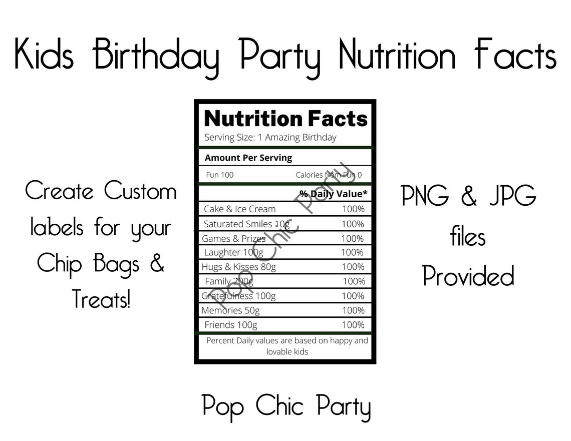 Kids Birthday Party Nutrition Facts - Etsy