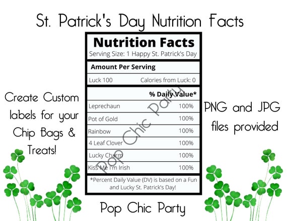 St Patrick's Day Nutrition Facts Digital Download | Etsy