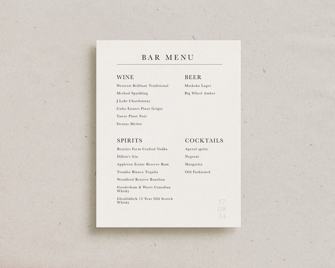 Custom Modern Wedding Bar Menu Card, Minimalist Printed Reception Decor ...