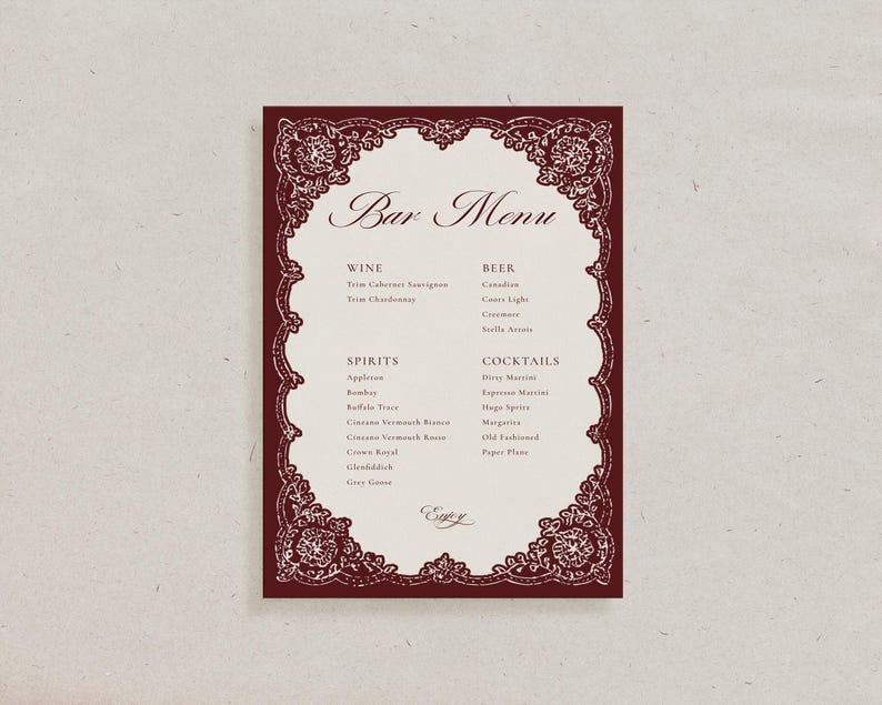 Lace Vintage Bar Menu Wedding Card, Old Money Printed Reception Decor ...