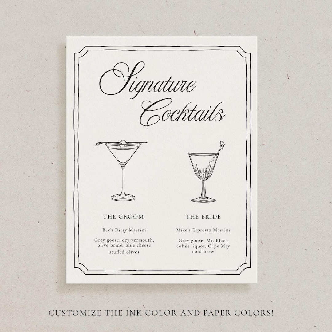 Old Money Signature Bar Menu Wedding Card, Printed Custom Reception ...