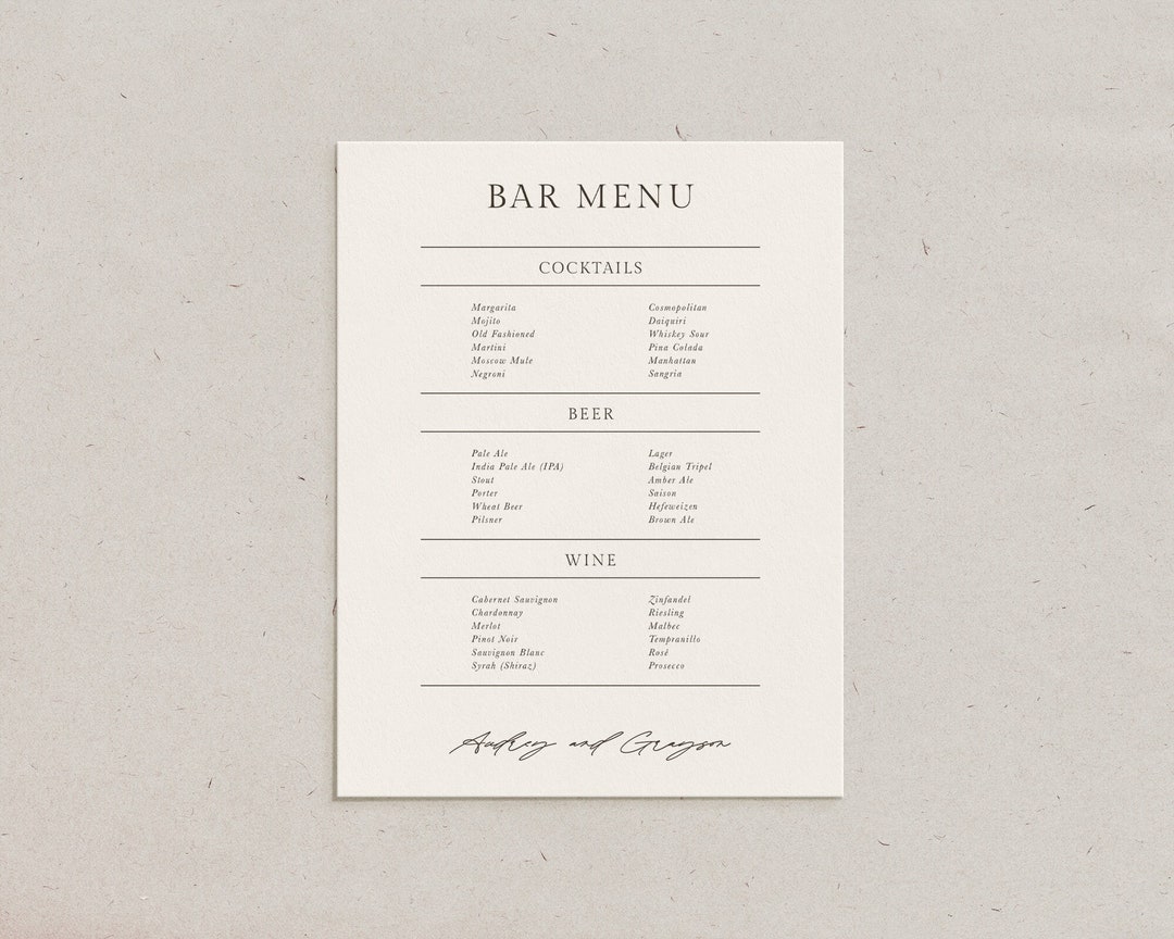 Simple Elegant Personalized Bar, Custom Modern Wedding Bar Menu Card ...