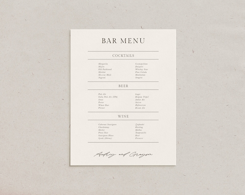 Custom Modern Wedding Bar Menu Card, Minimalist Printed Reception Decor ...