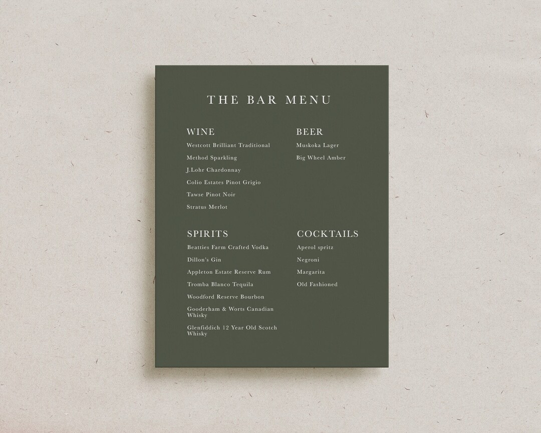 Drinks Menu, Custom Modern Wedding Bar Menu Card, Minimalist Printed ...