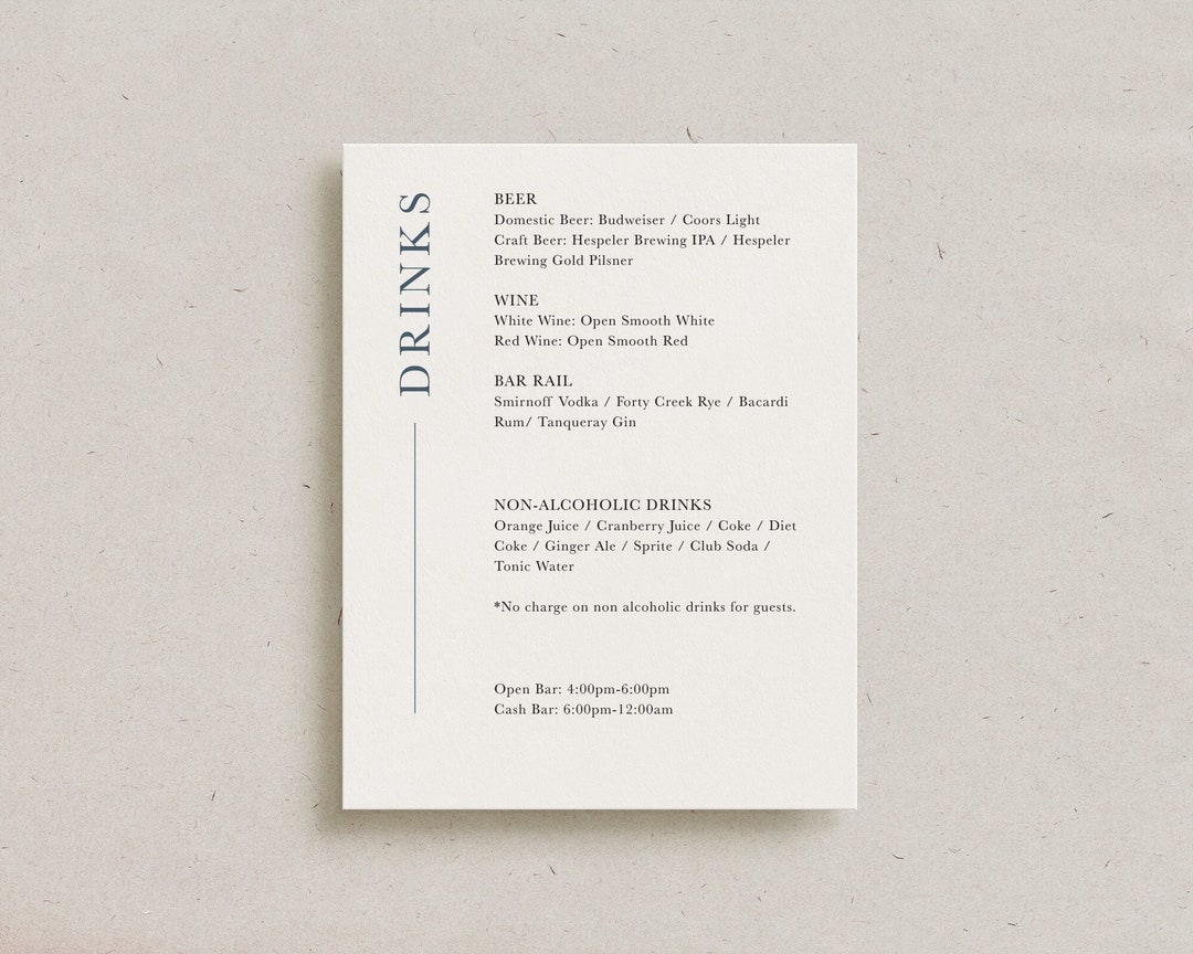 Bar Menu Custom Modern Wedding Card, Minimalist Printed Reception Decor ...