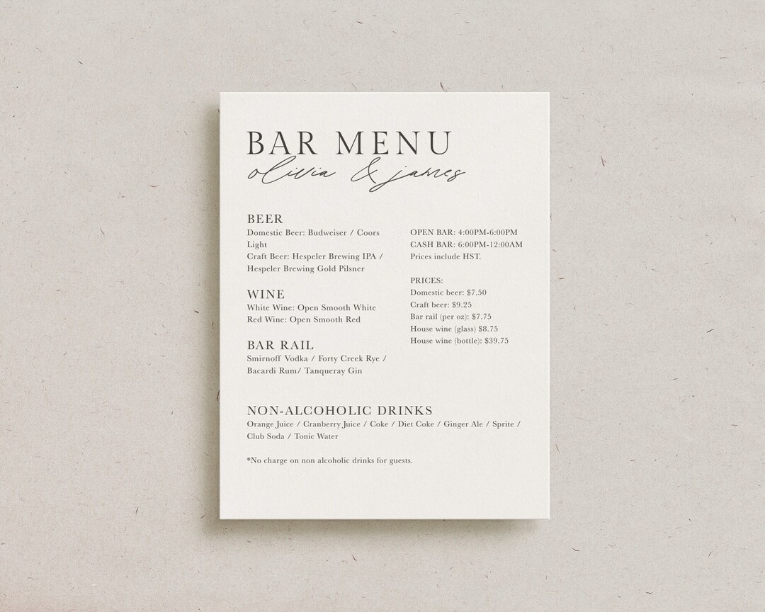 Custom Modern Wedding Bar Menu Card, Minimalist Printed Reception Decor ...