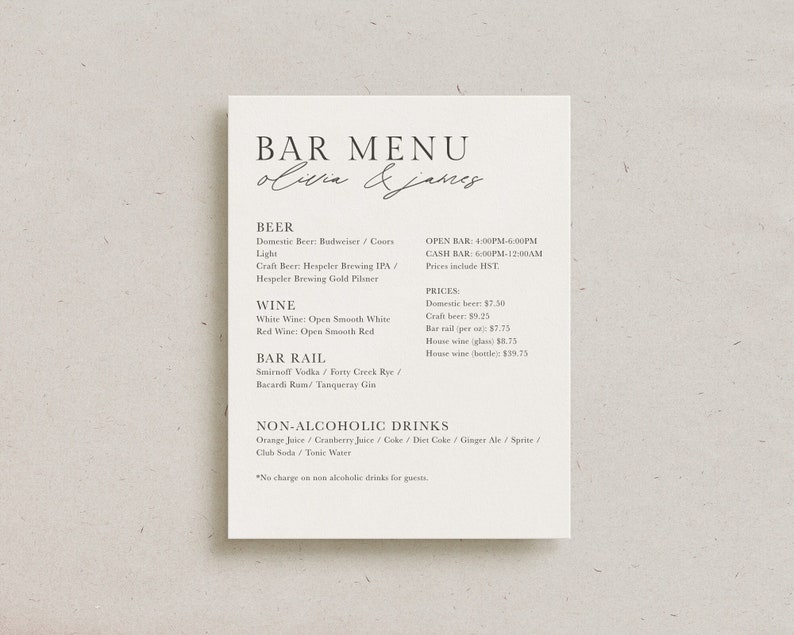 Custom Modern Wedding Bar Menu Card, Minimalist Printed Reception Decor ...