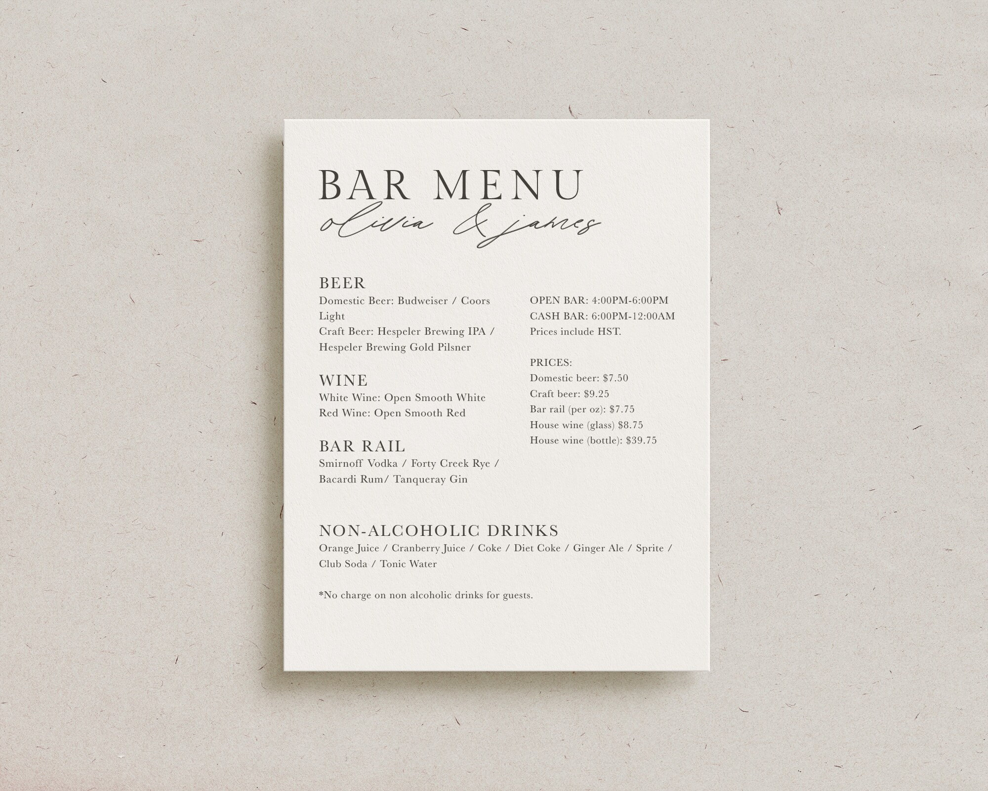 Custom Modern Wedding Bar Menu Card, Minimalist Printed Reception Decor ...