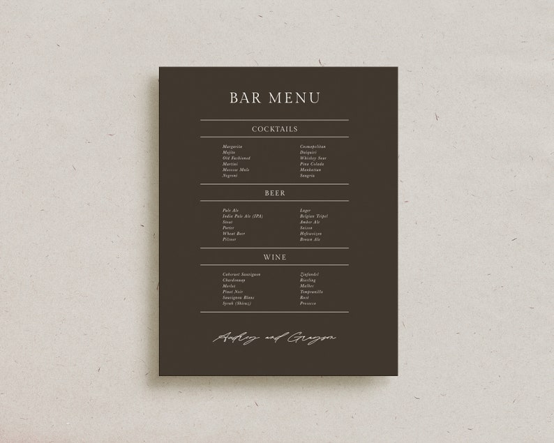Custom Modern Wedding Bar Menu Card, Minimalist Printed Reception Decor ...