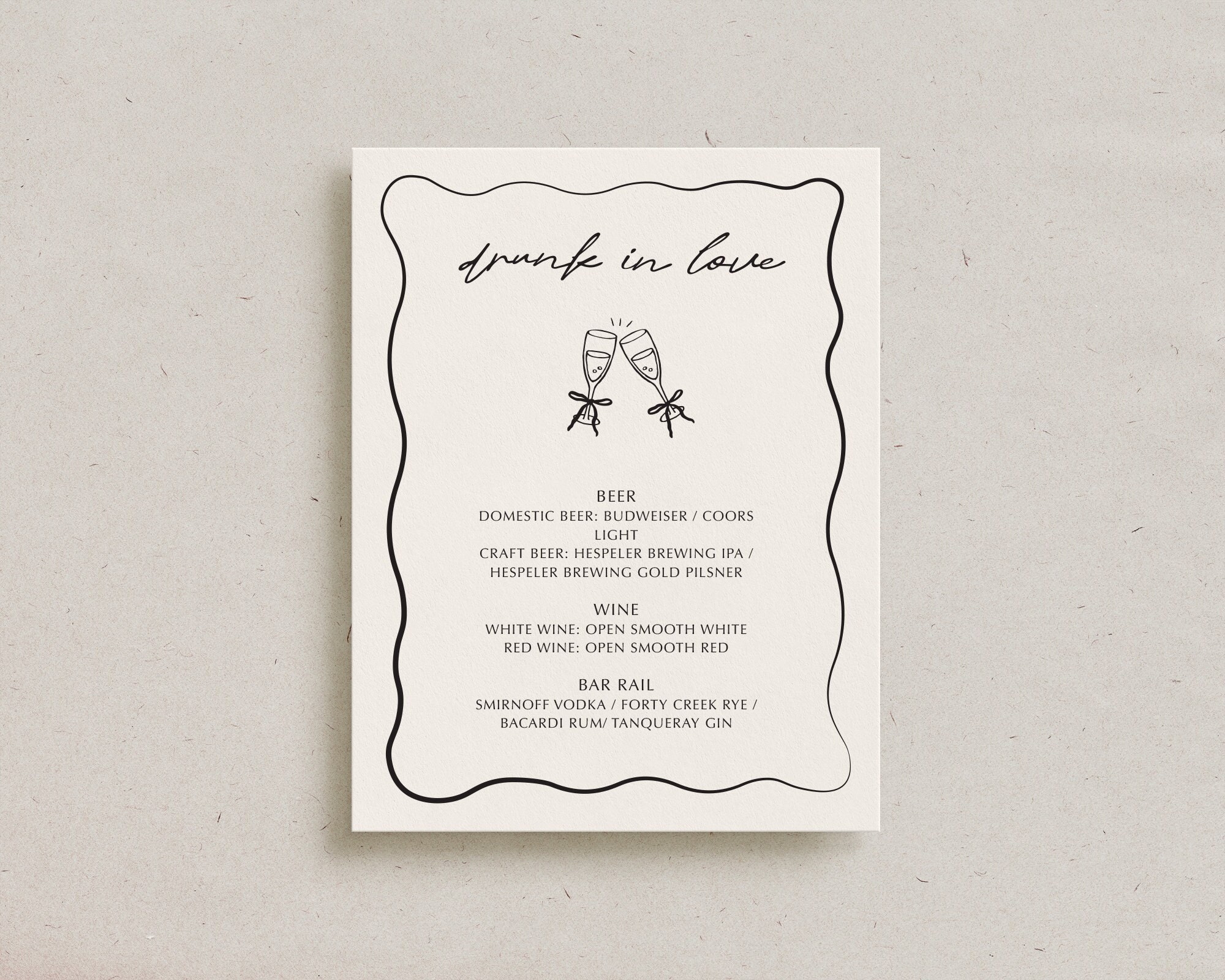 Custom Modern Wedding Bar Menu Card, Minimalist Printed Reception Decor ...