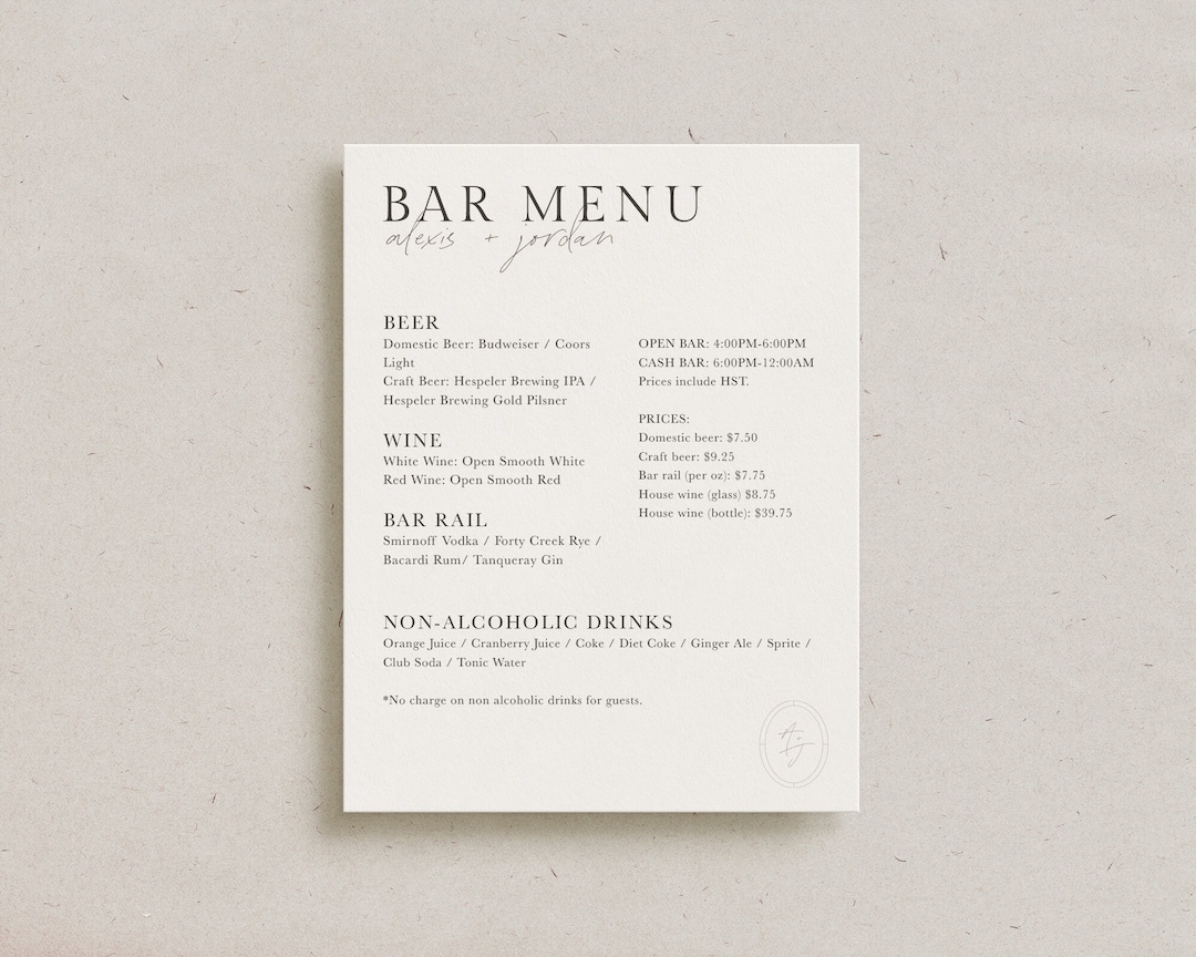 Custom Modern Wedding Bar Menu Card, Minimalist Printed Reception Decor ...