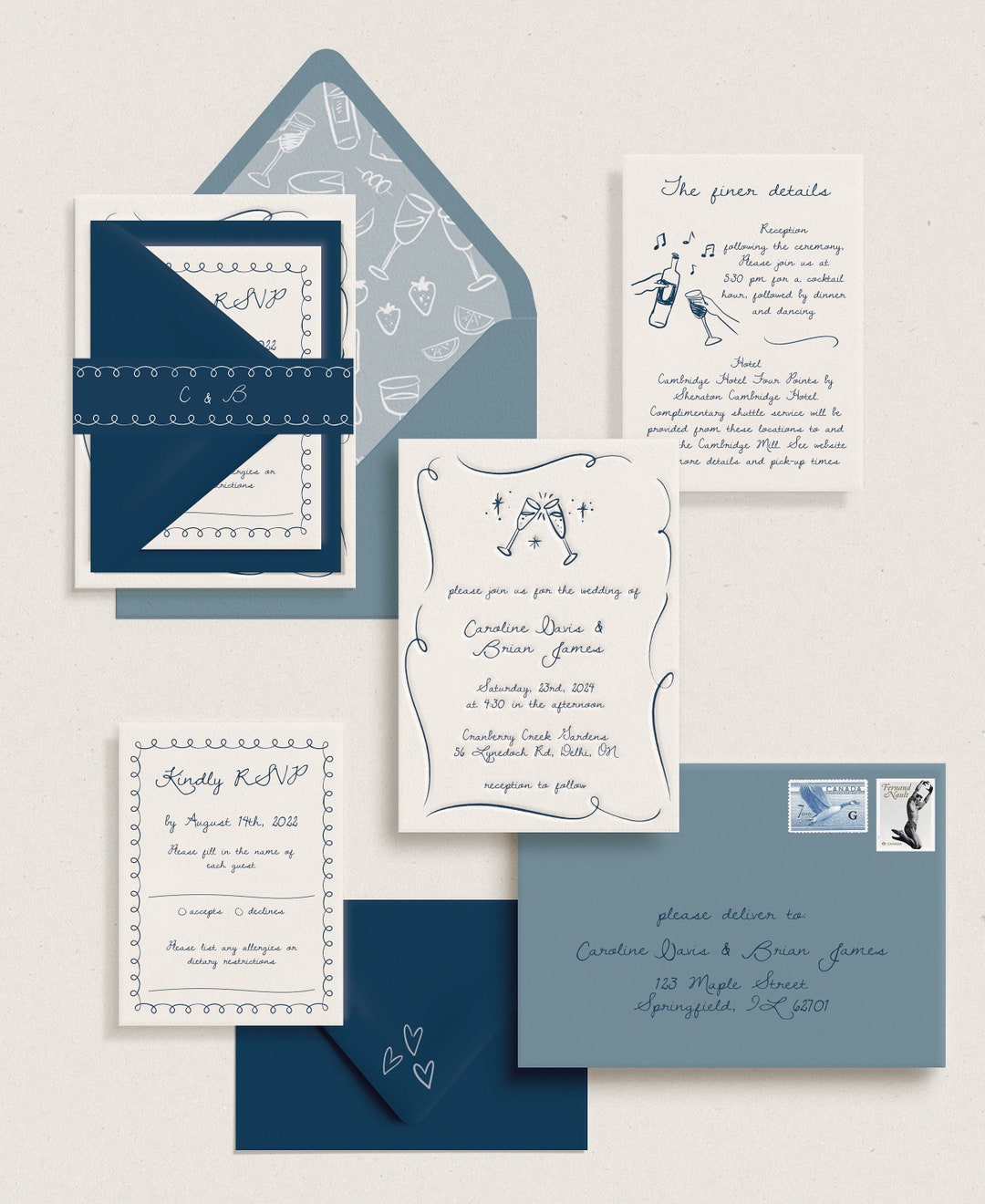 PRINTED Hand Drawn Doodle Letterpress Wedding Invitations, Modern ...